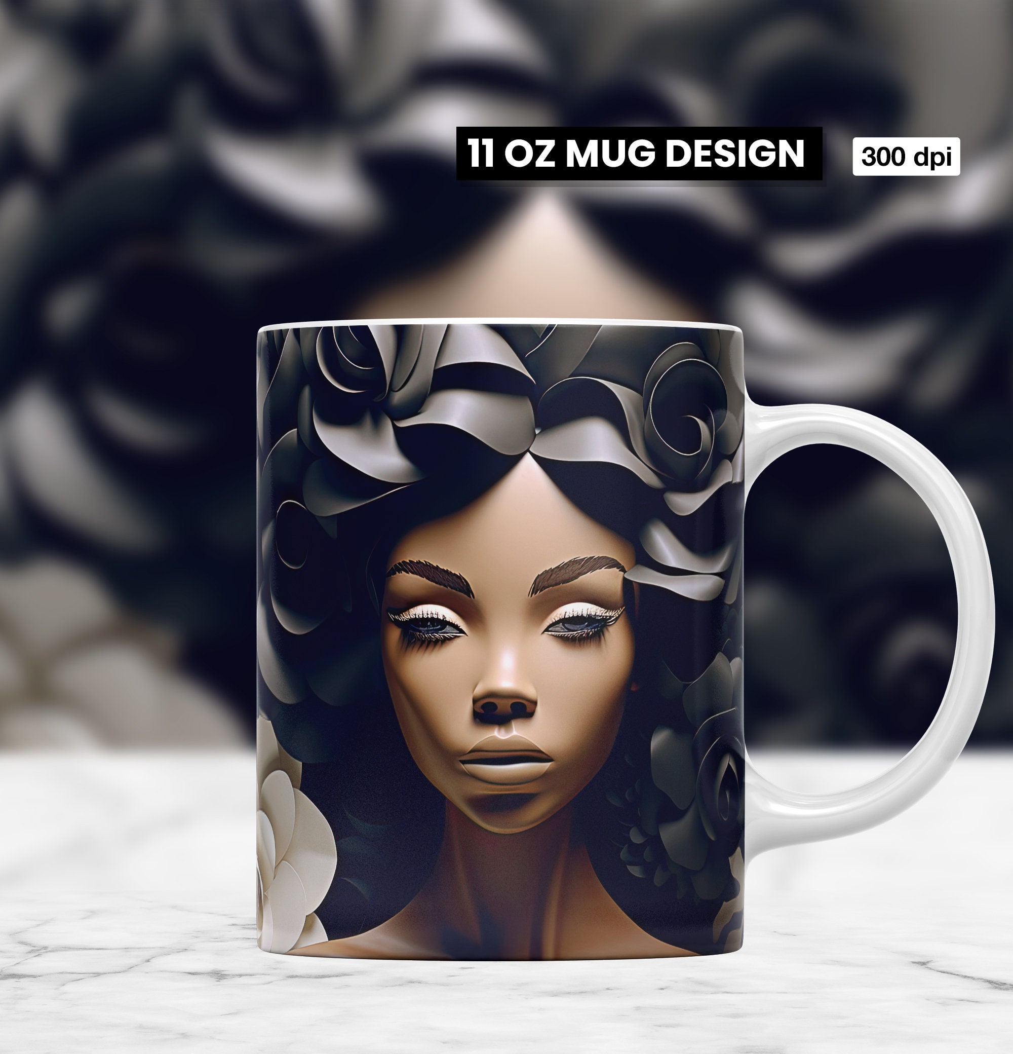 3D Black Woman Mug Wrap, Sublimation Mug Designs, Floral, 3D Mug Wrap ...