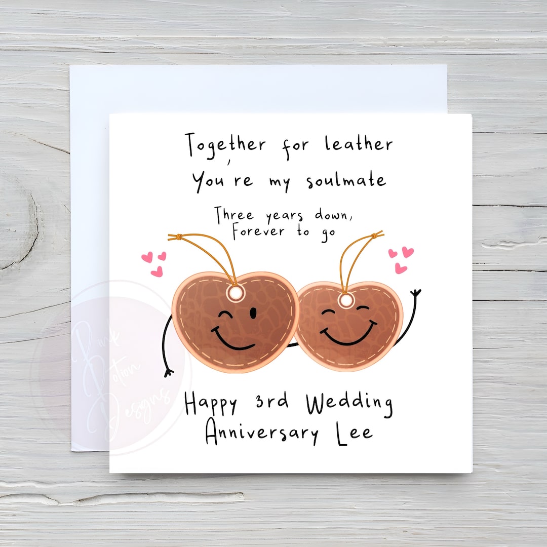 Three Year Anniversary Card, 3 Years, Wedding Card, Leather ...
