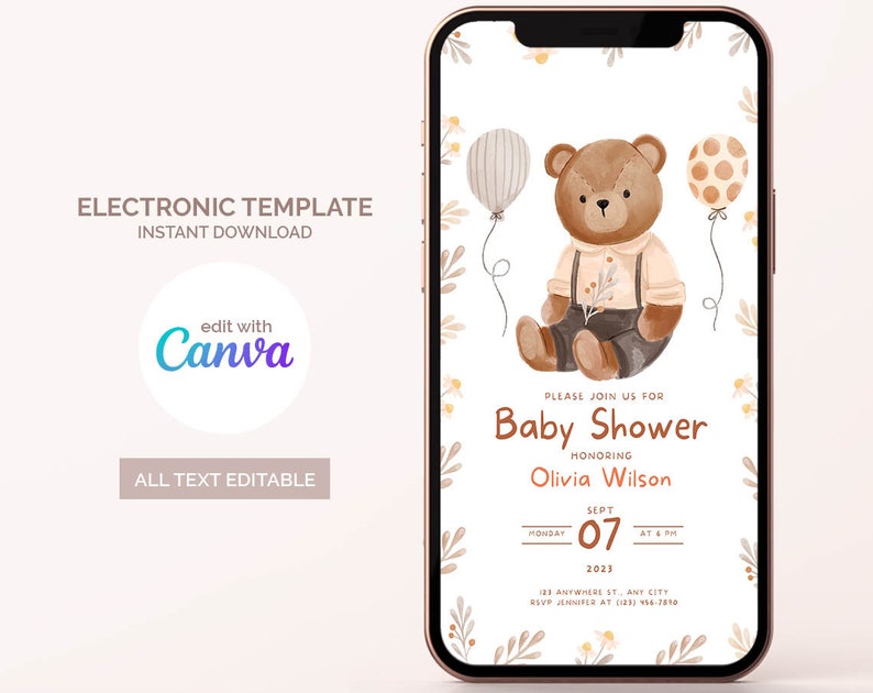 Tedy Bear Baby Shower Invitation, Cute Brown Bear Digital Baby Shower ...