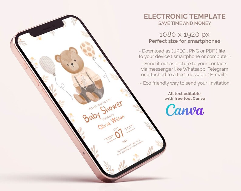 Tedy Bear Baby Shower Invitation, Cute Brown Bear Digital Baby Shower ...