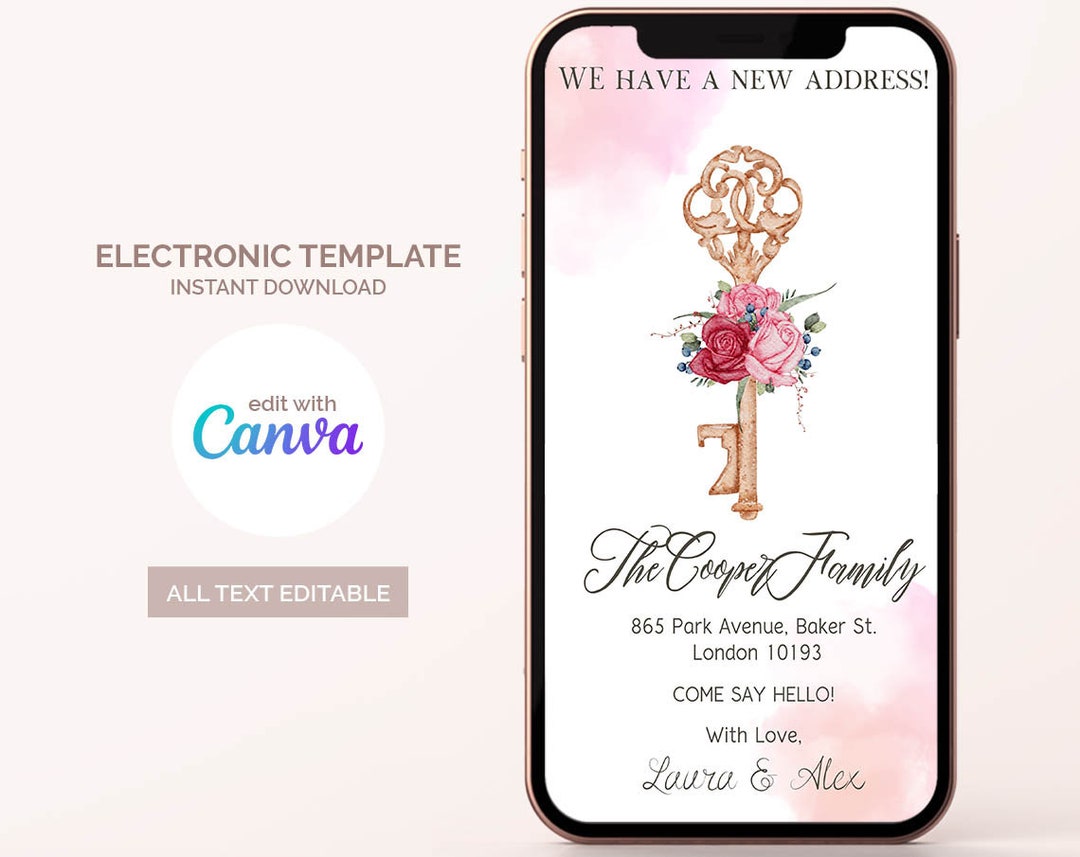 Modern Watercolor Floral House Key Digital Moving Announcement ...