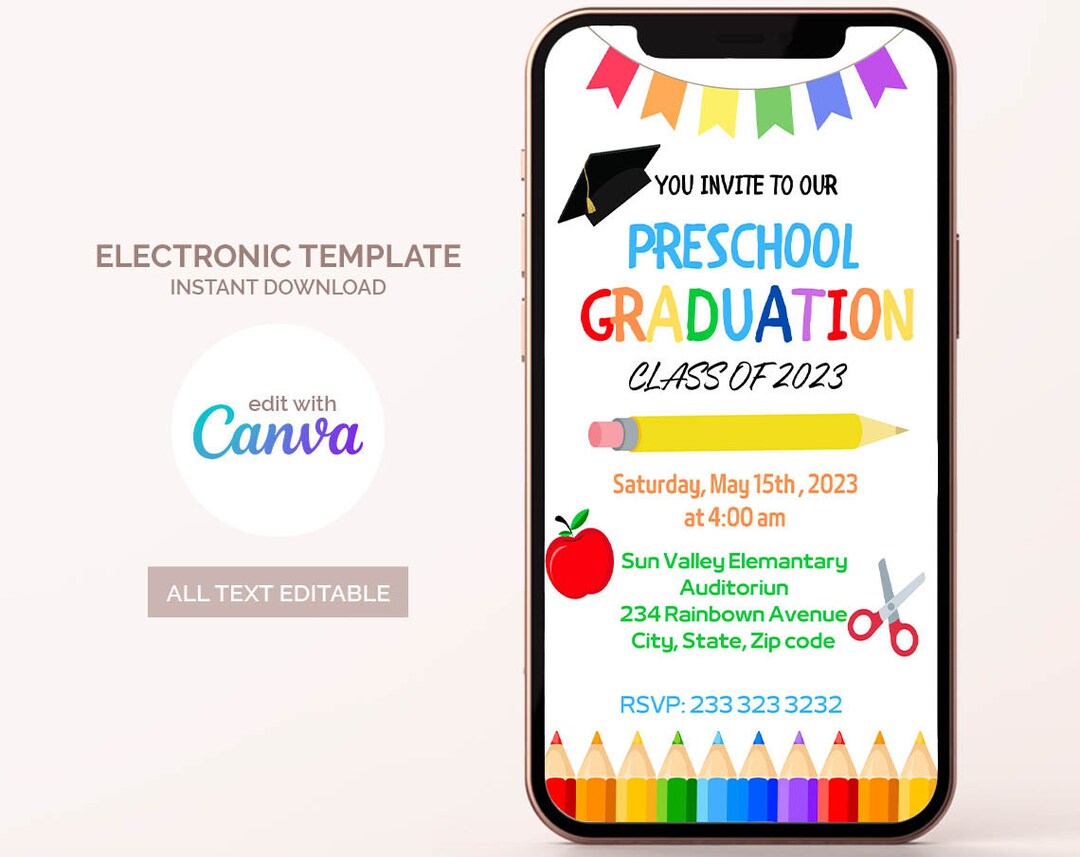 Preschool Graduation Invitation, Editable Kindergarten Graduation 2023 ...