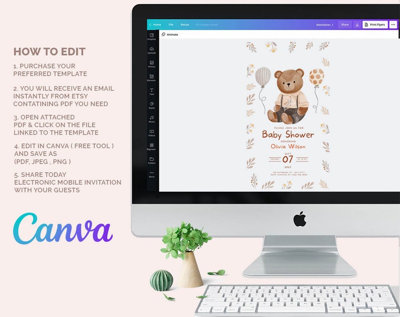 Tedy Bear Baby Shower Invitation, Cute Brown Bear Digital Baby Shower ...