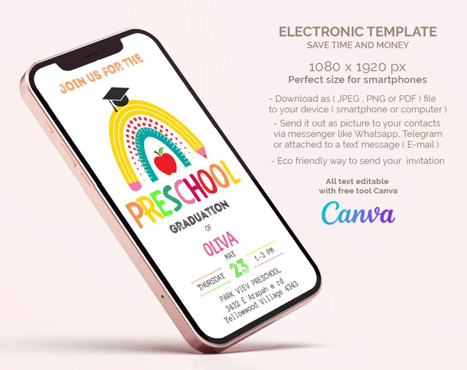 Preschool Graduation Invitation, School Rainbow Invitation, Preschool ...