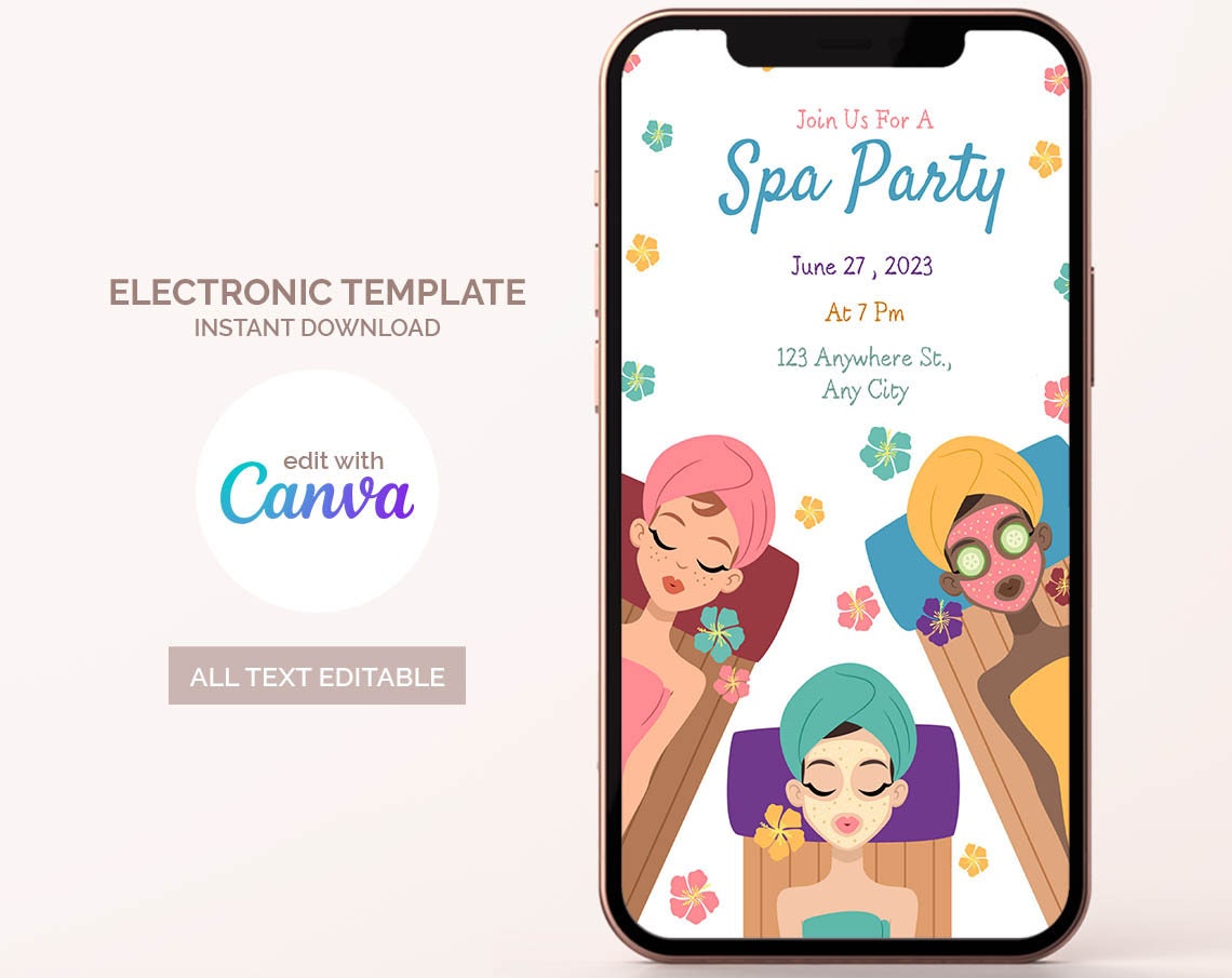 Spa Party Birthday Invitation Template Printable, Spa Party Birthday ...