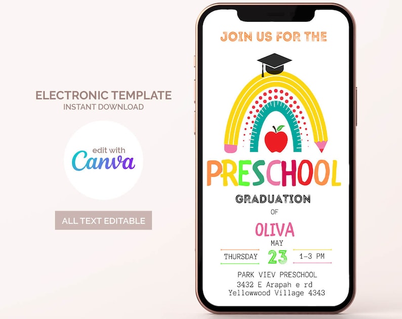 Preschool Graduation Invitation, School Rainbow Invitation, Preschool ...