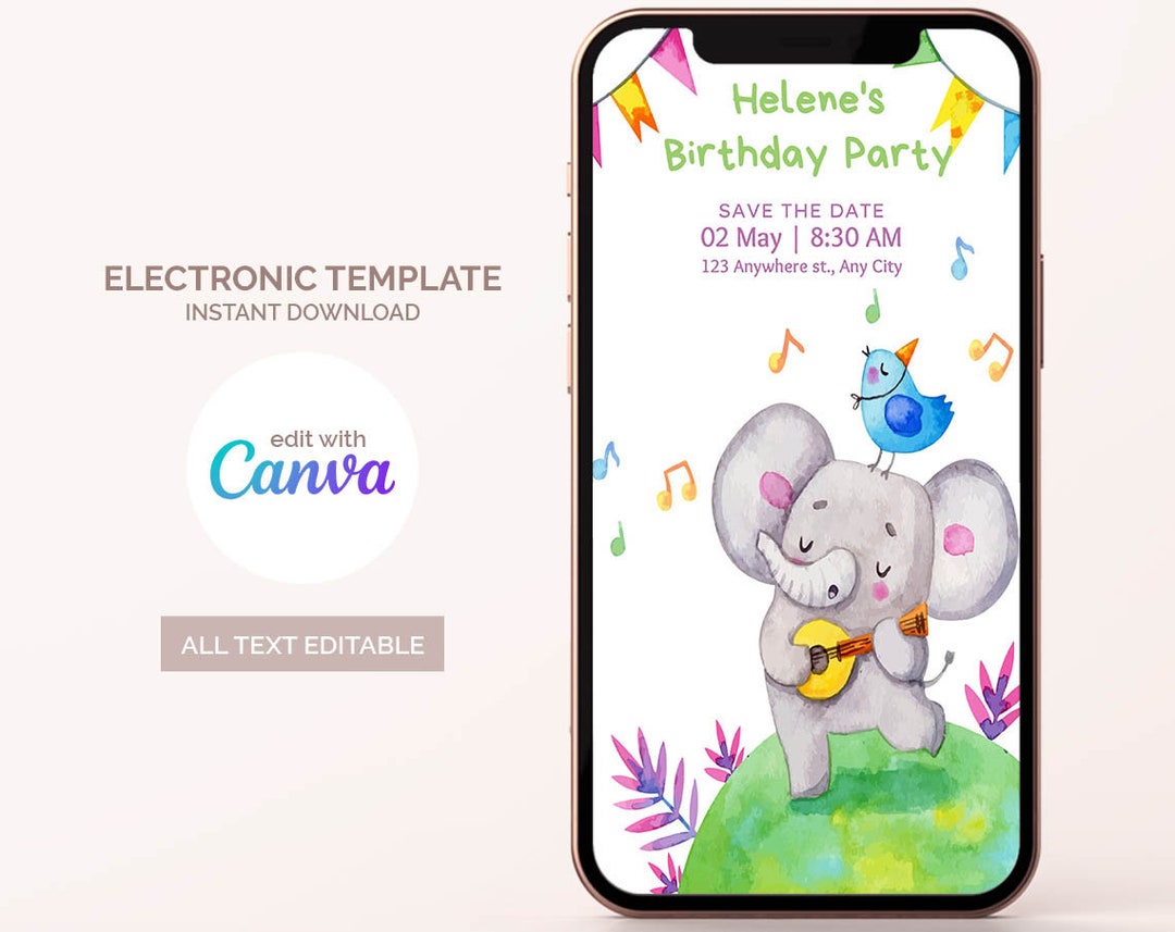 Watercolor Elephant Birthday Invitation Template Editable Digital ...