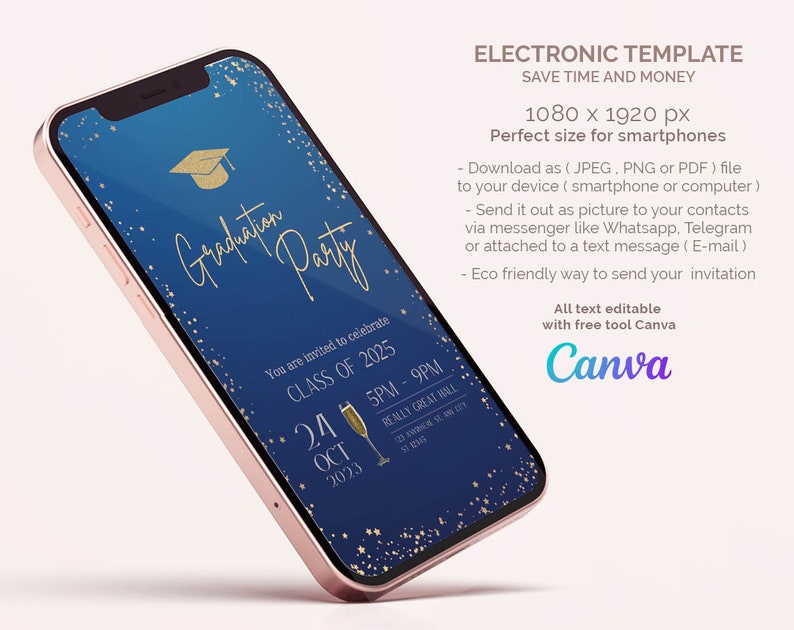 Editable Dark Blue Graduation Invitation, Digital Instant Download Grad ...