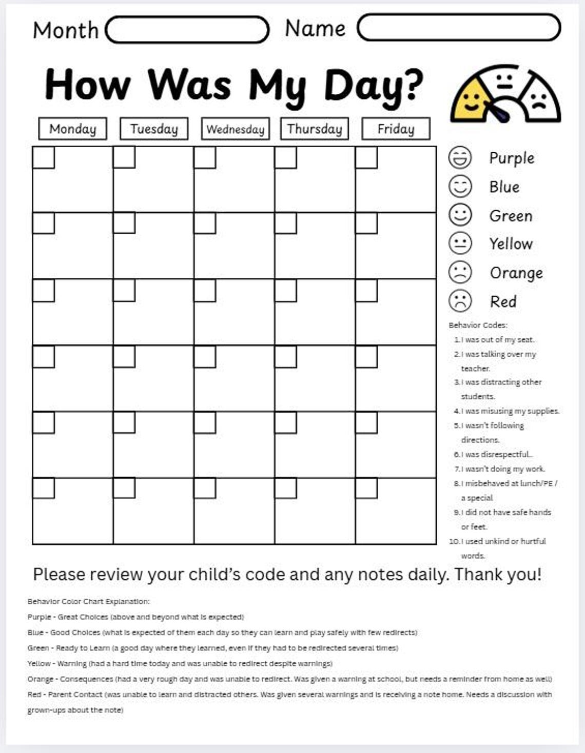 Printable Student Behavior Tracker: Daily Classroom Chart (PDF) - Etsy