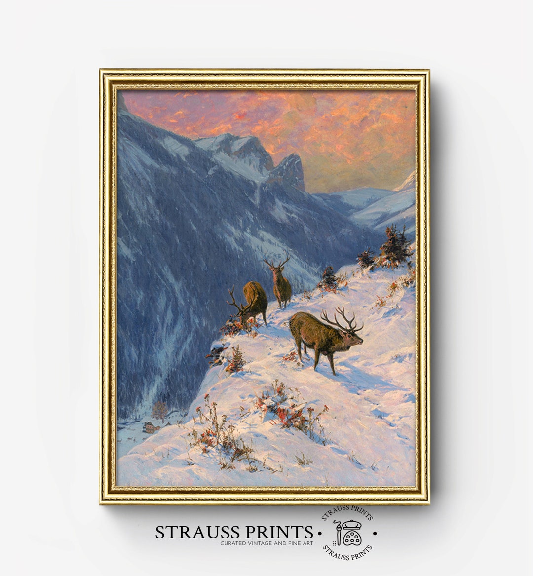 Deer Foraging in Winter Landscape Mountain Deer Print Vintage Wildlife ...