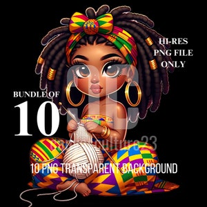 African American Chibi Knitter Art Bundle 10 Pngs Art Vibrant Kente ...