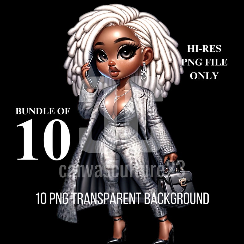 10 Elegant Curvy Chibi African American Woman, Digital Art, Fashionable ...