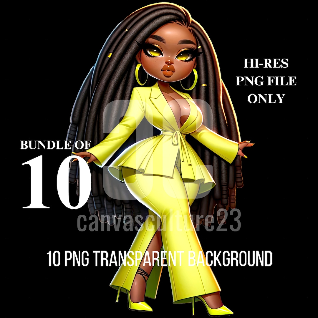 Bundle 10 PNG African American Chibi Woman With Dreadlocks in Neon ...