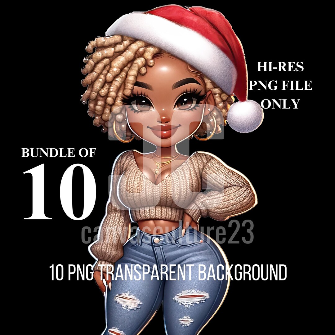 Exclusive Chibi-style African American Woman PNG Bundle, Santa Hat ...