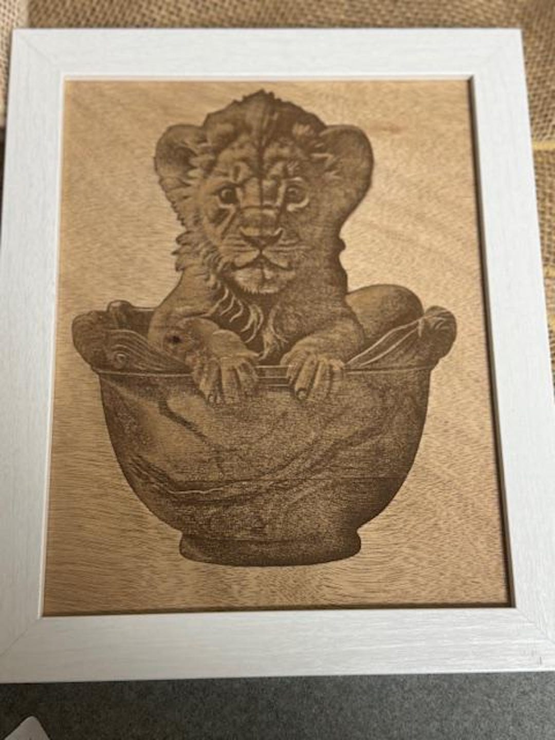 Adorable Lion Cub in Bowl - Laser Engraved Wooden Wall Art - Etsy
