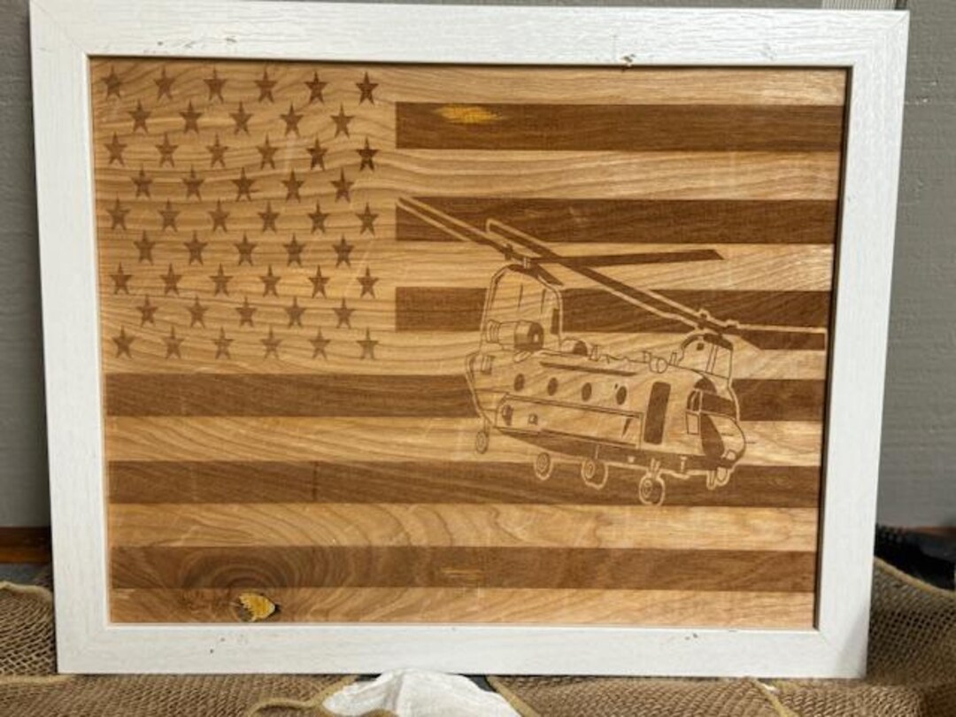Rustic Wood American Flag With Military Helicopter Engraving ...