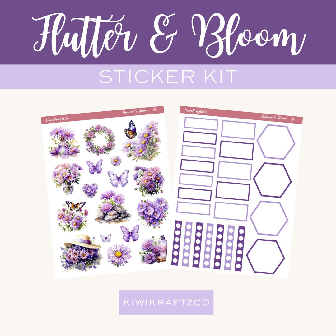 Flutter & Bloom Sticker Kit, Purple Aster Butterfly Sticker Kit ...