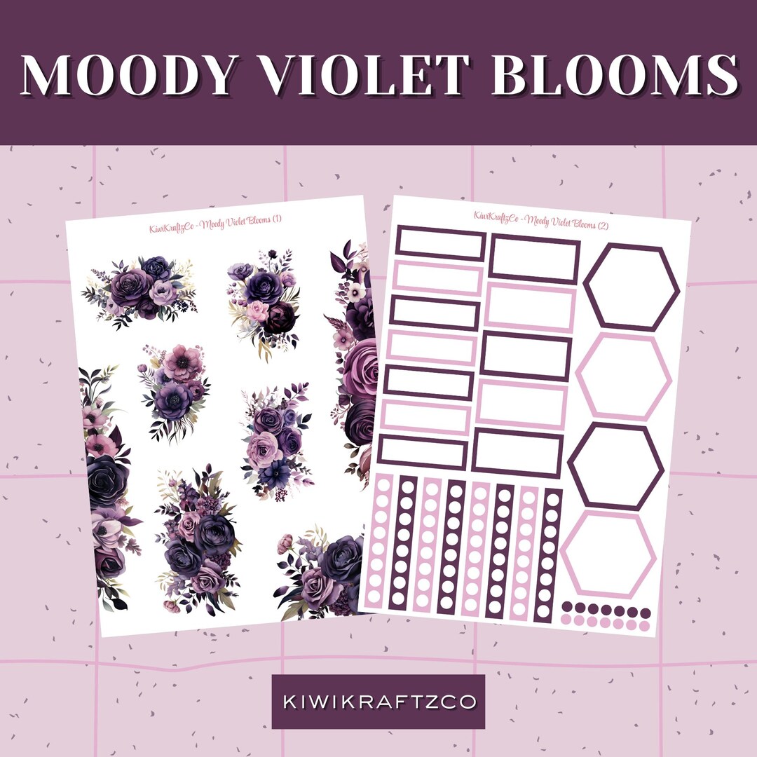 Moody Violet Blooms Sticker Kit: Floral Journal Planner Stickers - Etsy