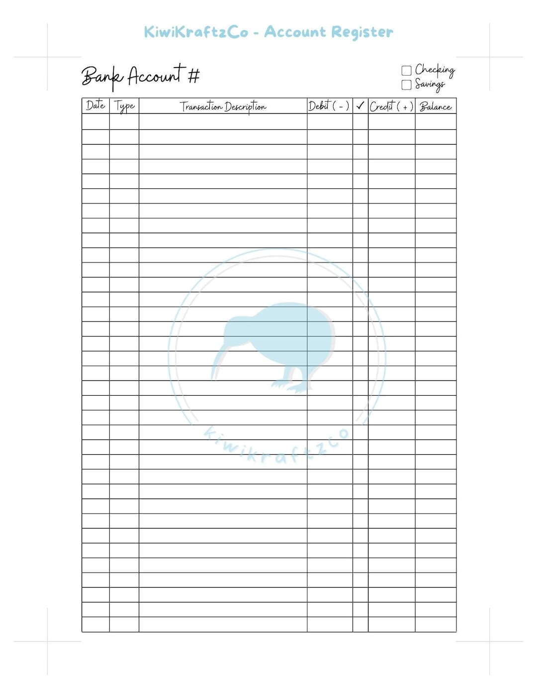 Digital Printable Bank Account Register Classic Size Planner Insert ...