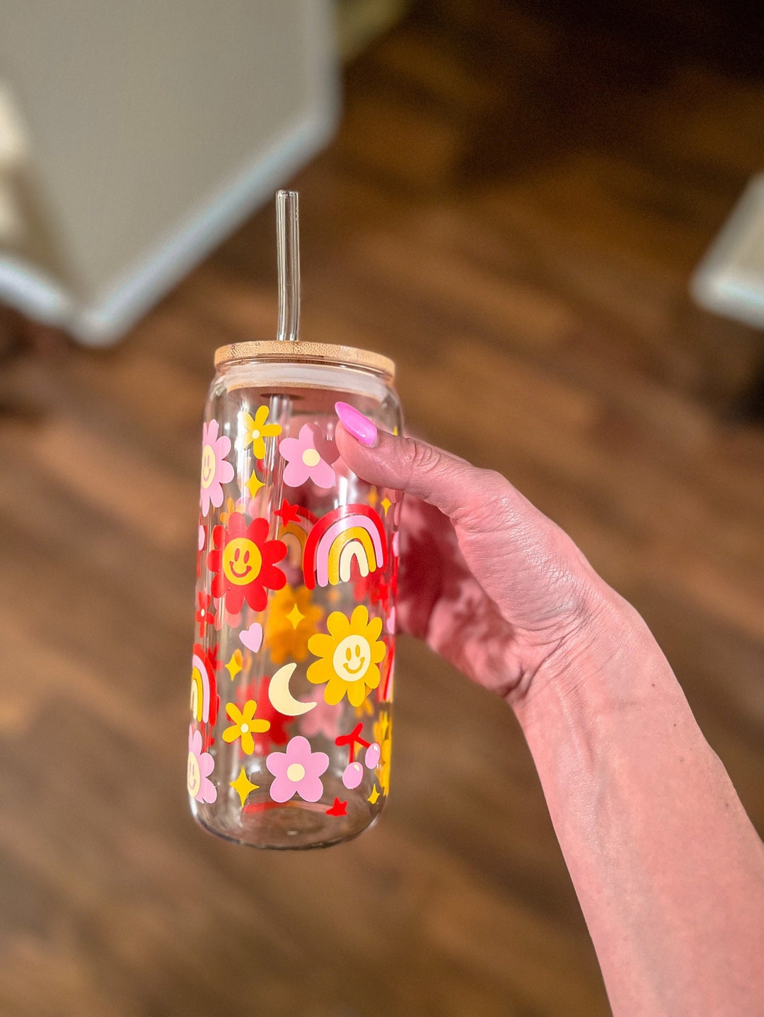 Retro Beer Can Glass Groovy Flowers Beer Can Glass 20 Ounce Etsy