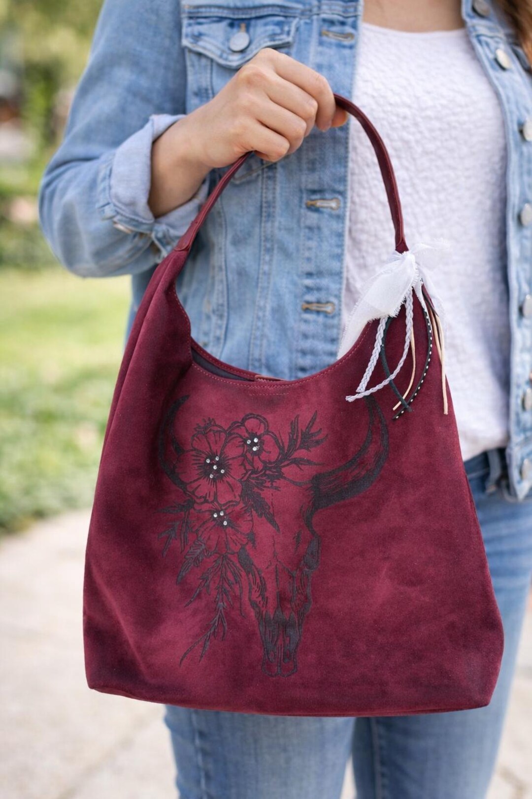 Engraved Bull Skull Suede Tote Bag, Rhinestone Cowgirl Purse - Etsy