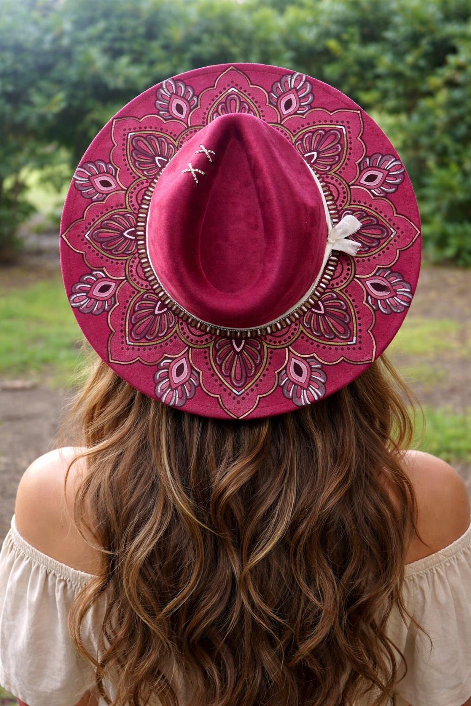 Mandala Fedora Hat. Hand Painted, Laser Engraved. Berry Color. Wide ...