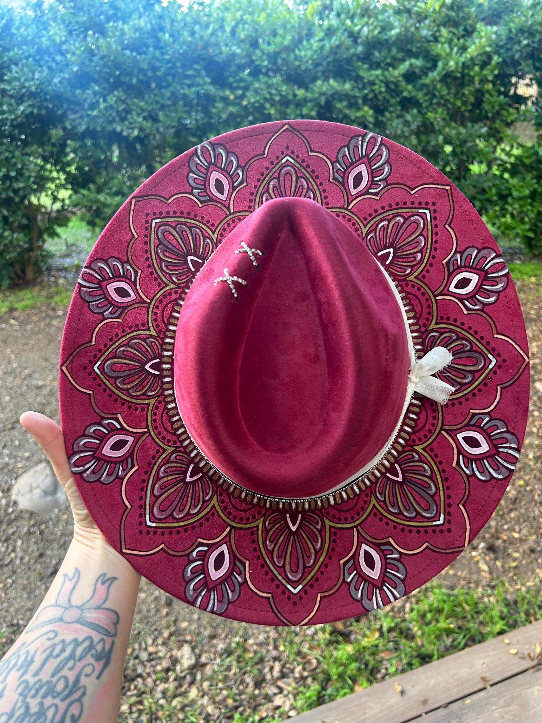 Mandala Fedora Hat. Hand Painted, Laser Engraved. Berry Color. Wide ...