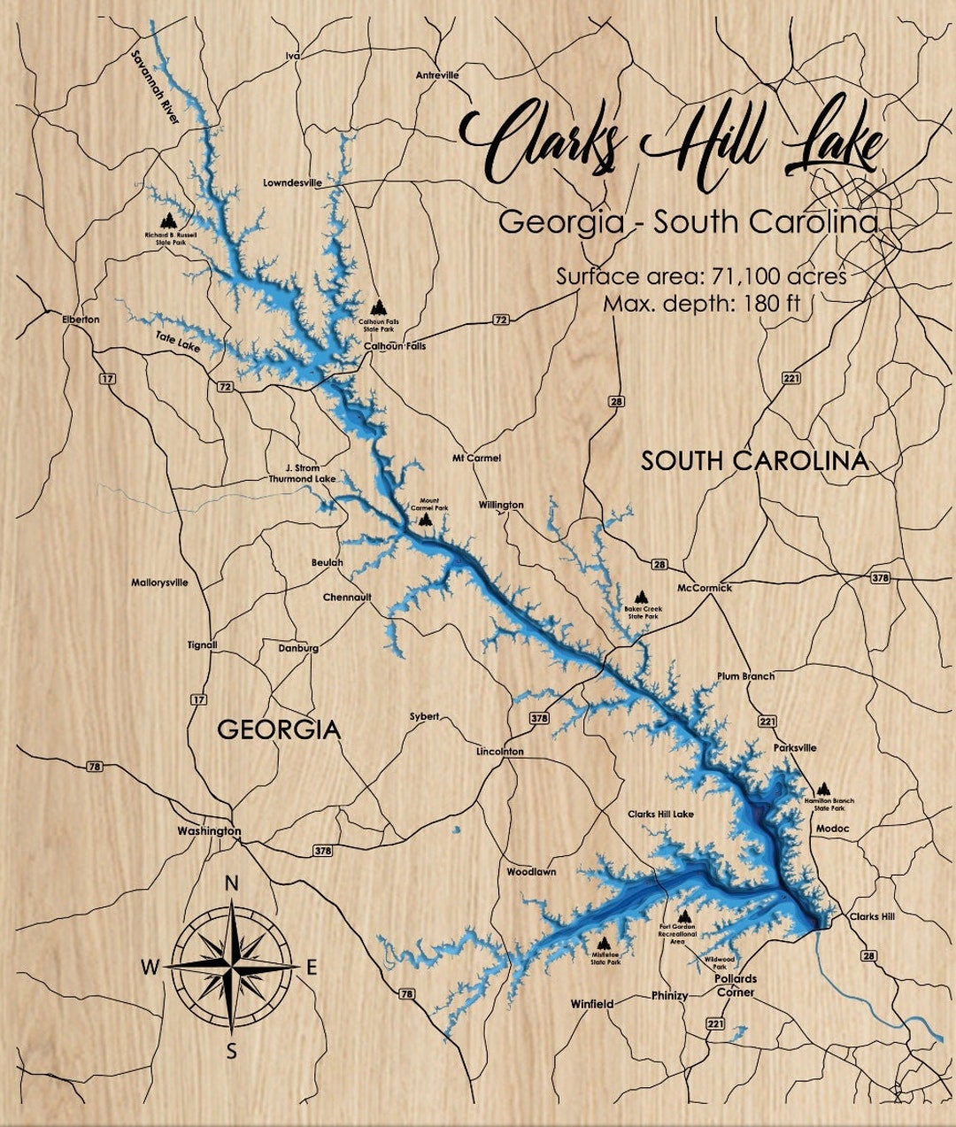 Clarks Hill Lake Engraved 3D Picture - Rustic Wooden Framed Map Art ...