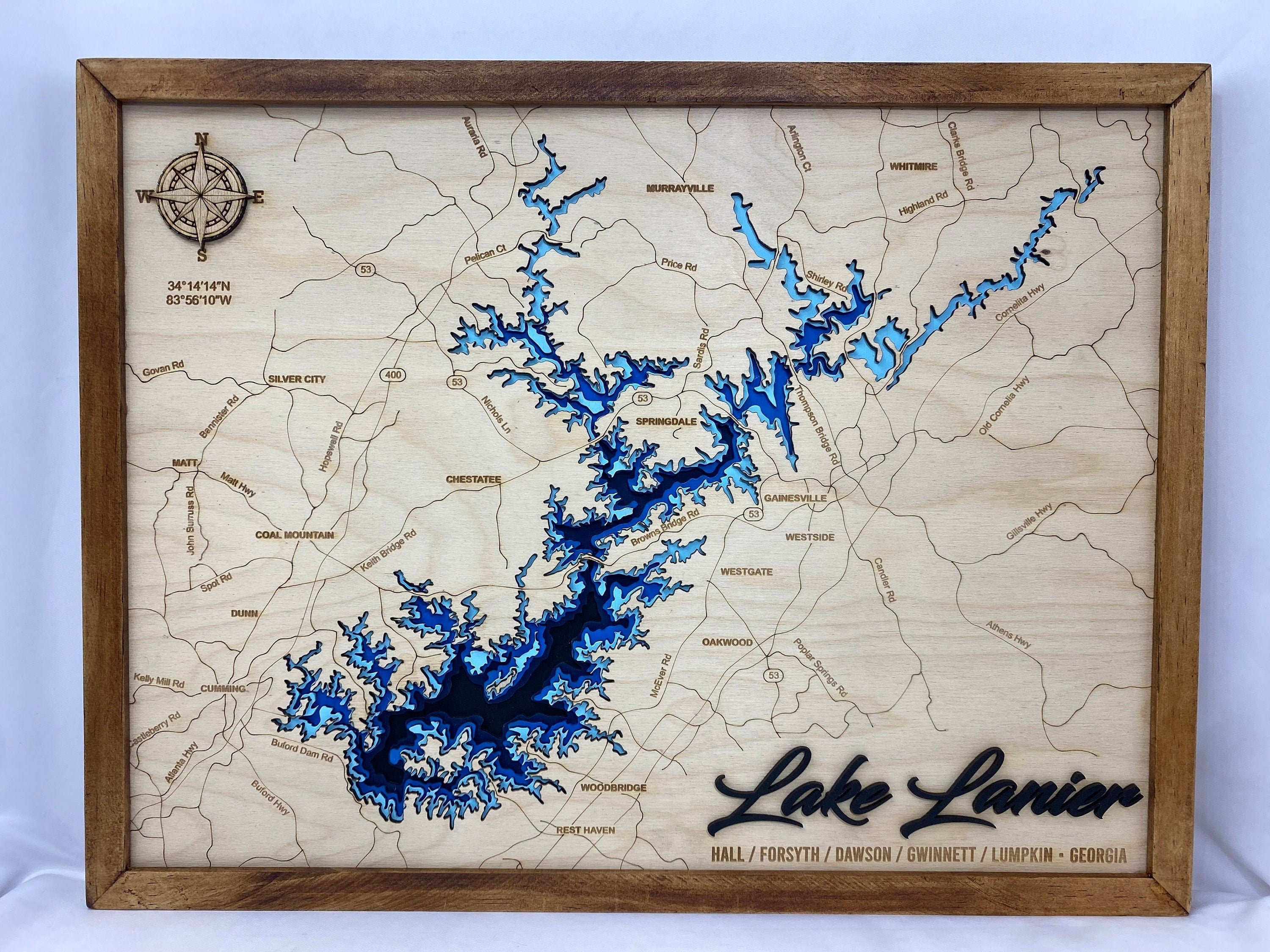 Lake Lanier 3D Framed Picture Map, Lake Sidney Lanier, Wooden Engraved ...