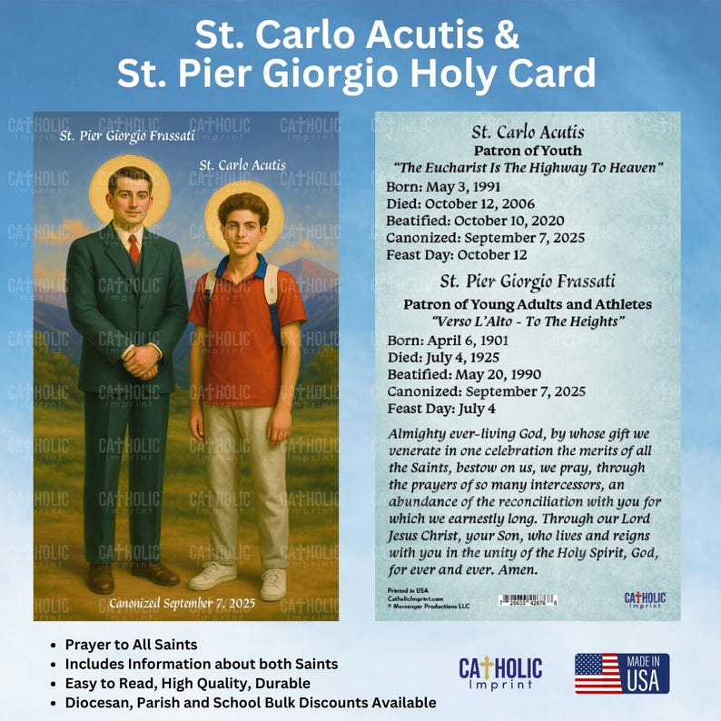 St. Carlo Acutis & Pier Giorgio Frassati Prayer Cards - Canonization ...