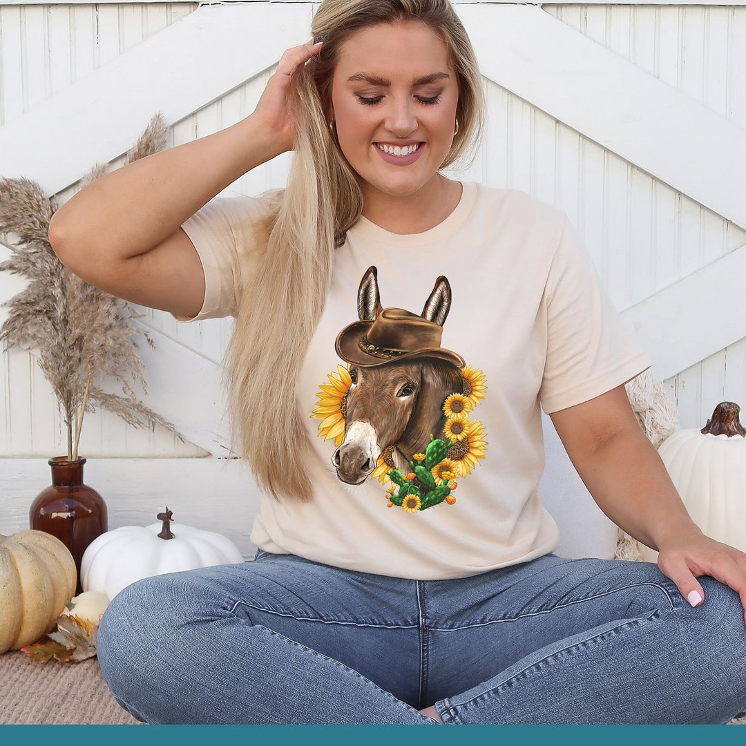 Donkey Cowboy Graphic Tee Shirt, Mule Shirt, Sunflowers, Cactus, Cowboy ...