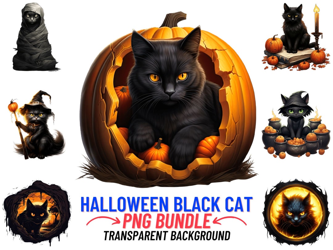 Spooky Cat Clipart 16 Watercolor PNG Black Cats Halloween - Etsy