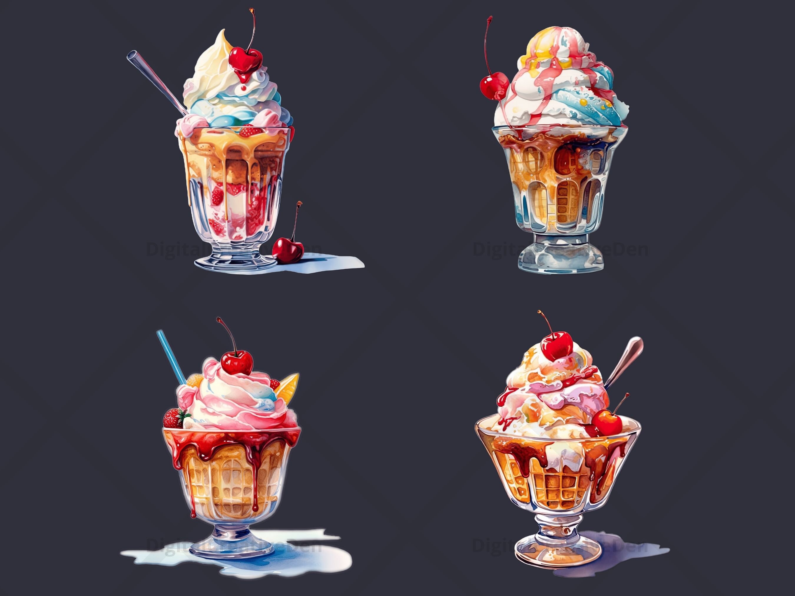 Watercolor Ice Cream Sundae Clipart Set 12 Delicious PNG - Etsy