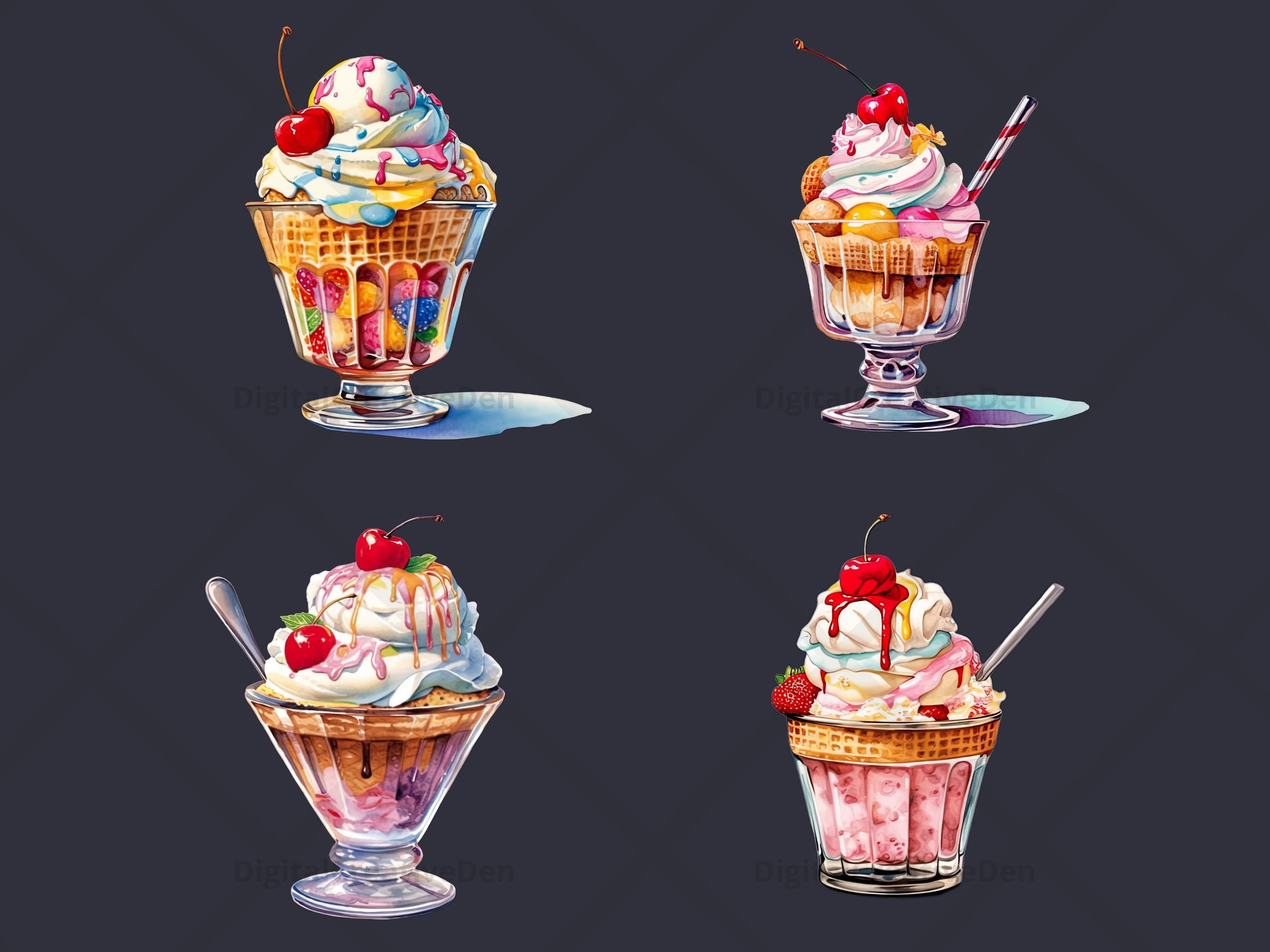 Watercolor Ice Cream Sundae Clipart Set 12 Delicious PNG - Etsy