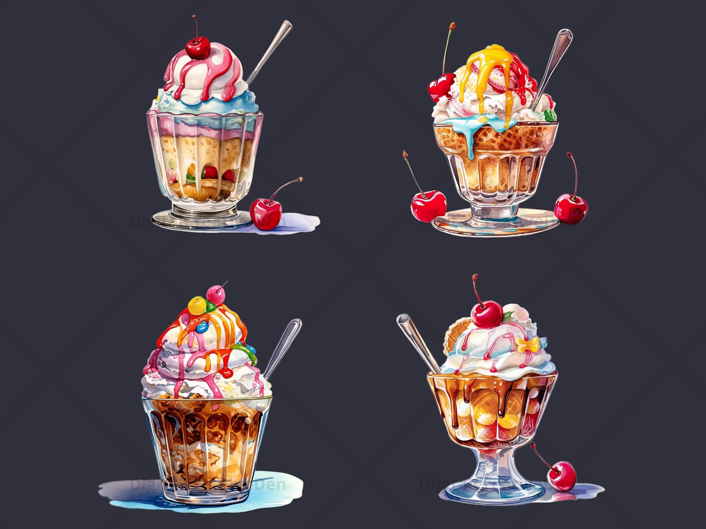 Watercolor Ice Cream Sundae Clipart Set 12 Delicious PNG - Etsy