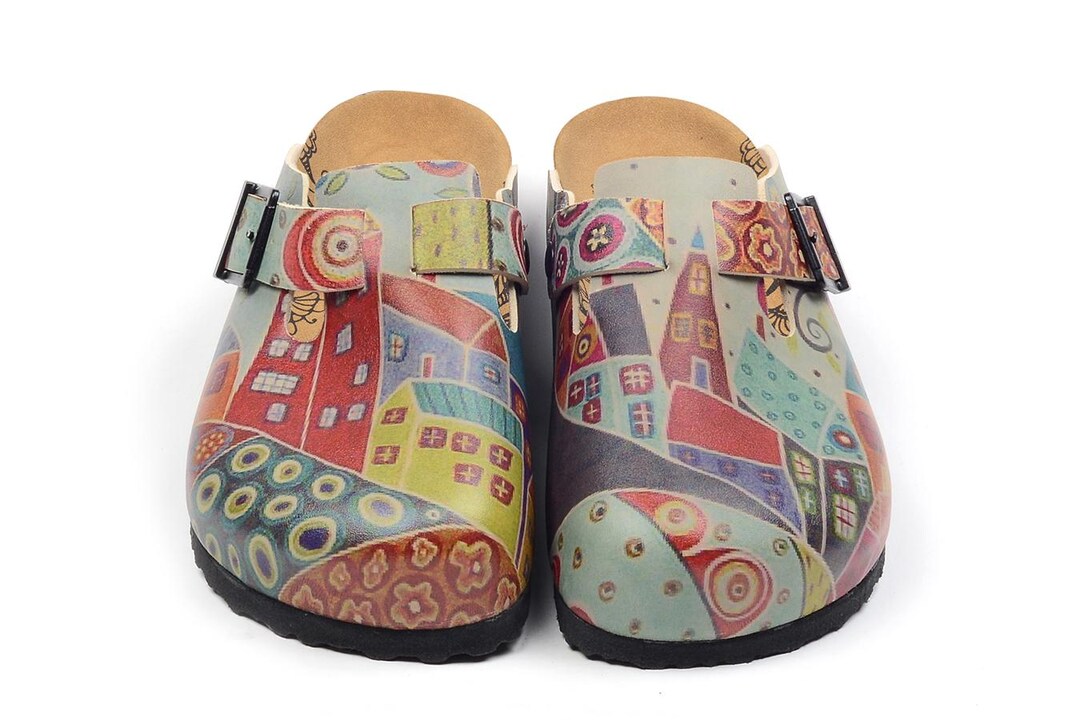 Handmade Women's Clogs With Colorful City & House Design, Artistic ...