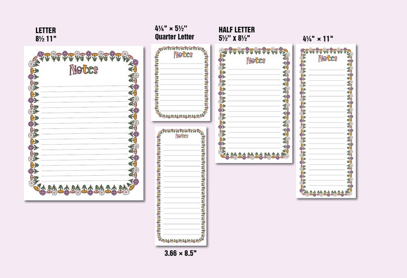 Floral Notes Sheets 5 Sizes, Letter and Half Letter, 4-1/4 X 11 and ...