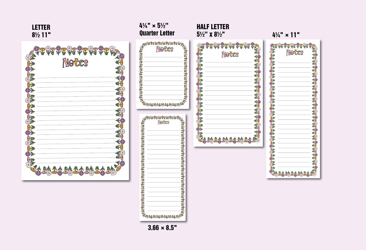 Floral Notes Sheets 5 Sizes, Letter and Half Letter, 4-1/4 X 11 and ...