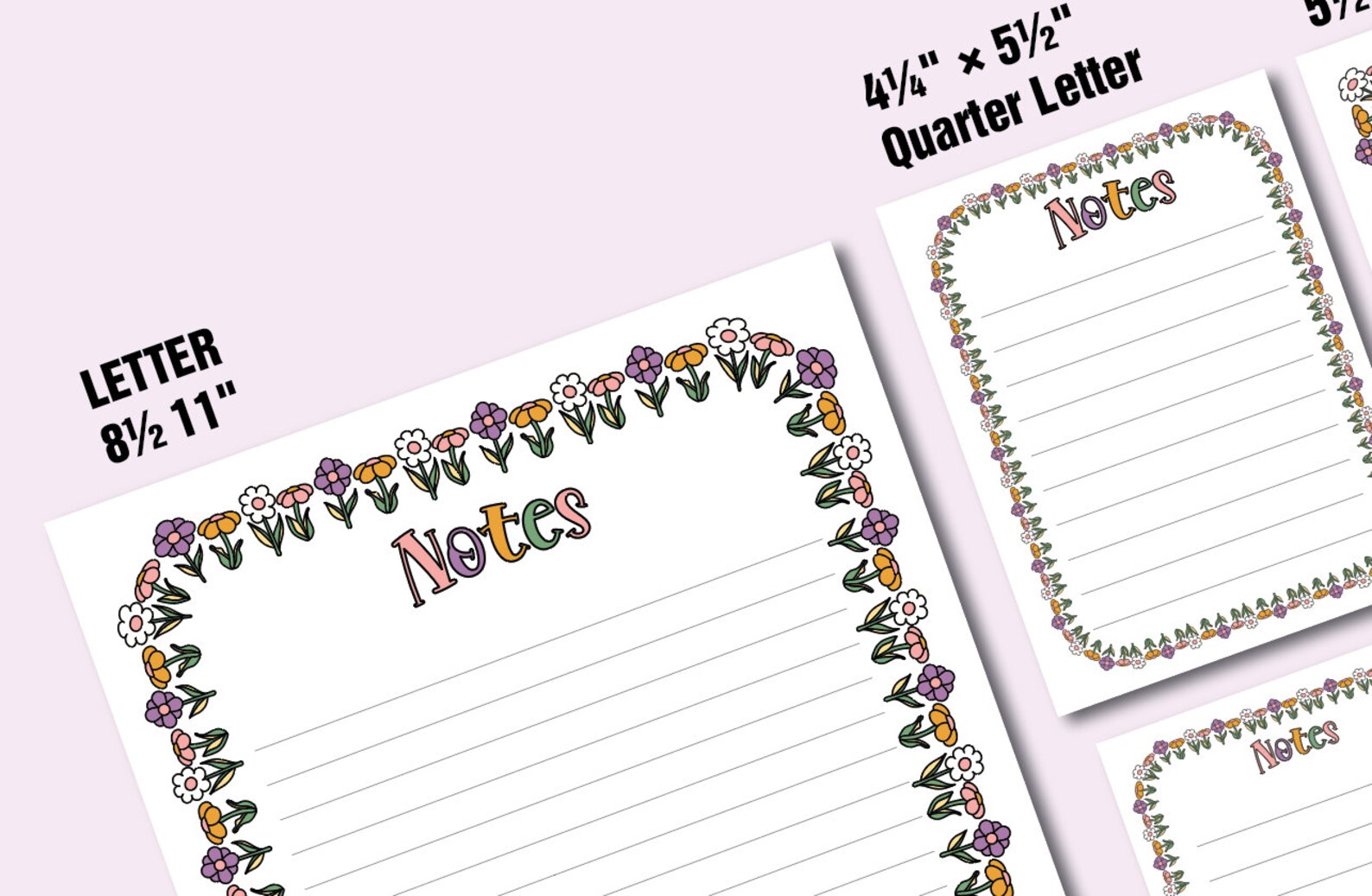 Floral Notes Sheets 5 Sizes, Letter and Half Letter, 4-1/4 X 11 and ...