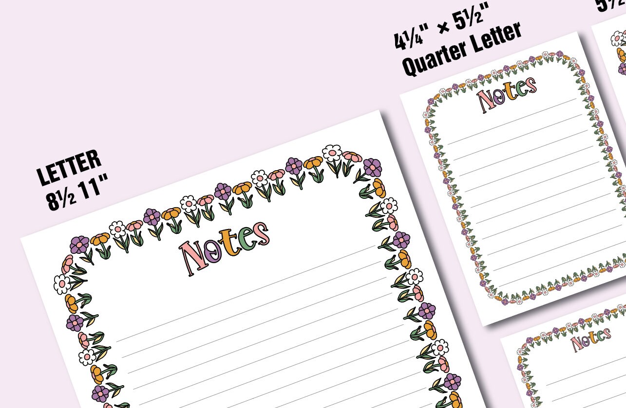 Floral Notes Sheets 5 Sizes, Letter and Half Letter, 4-1/4 X 11 and ...