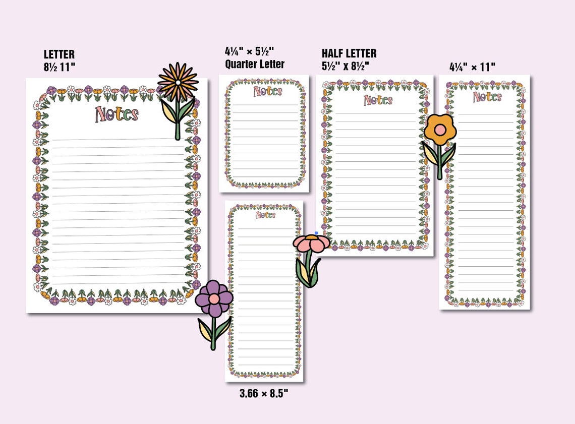 Floral Notes Sheets 5 Sizes, Letter and Half Letter, 4-1/4 X 11 and ...
