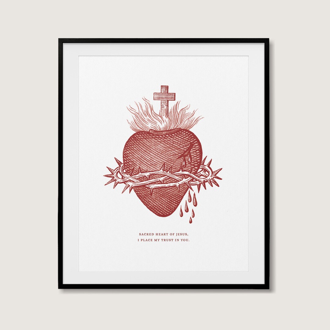 Sacred Heart of Jesus Catholic Vintage Wall Art Hand Drawn Sacred Heart ...