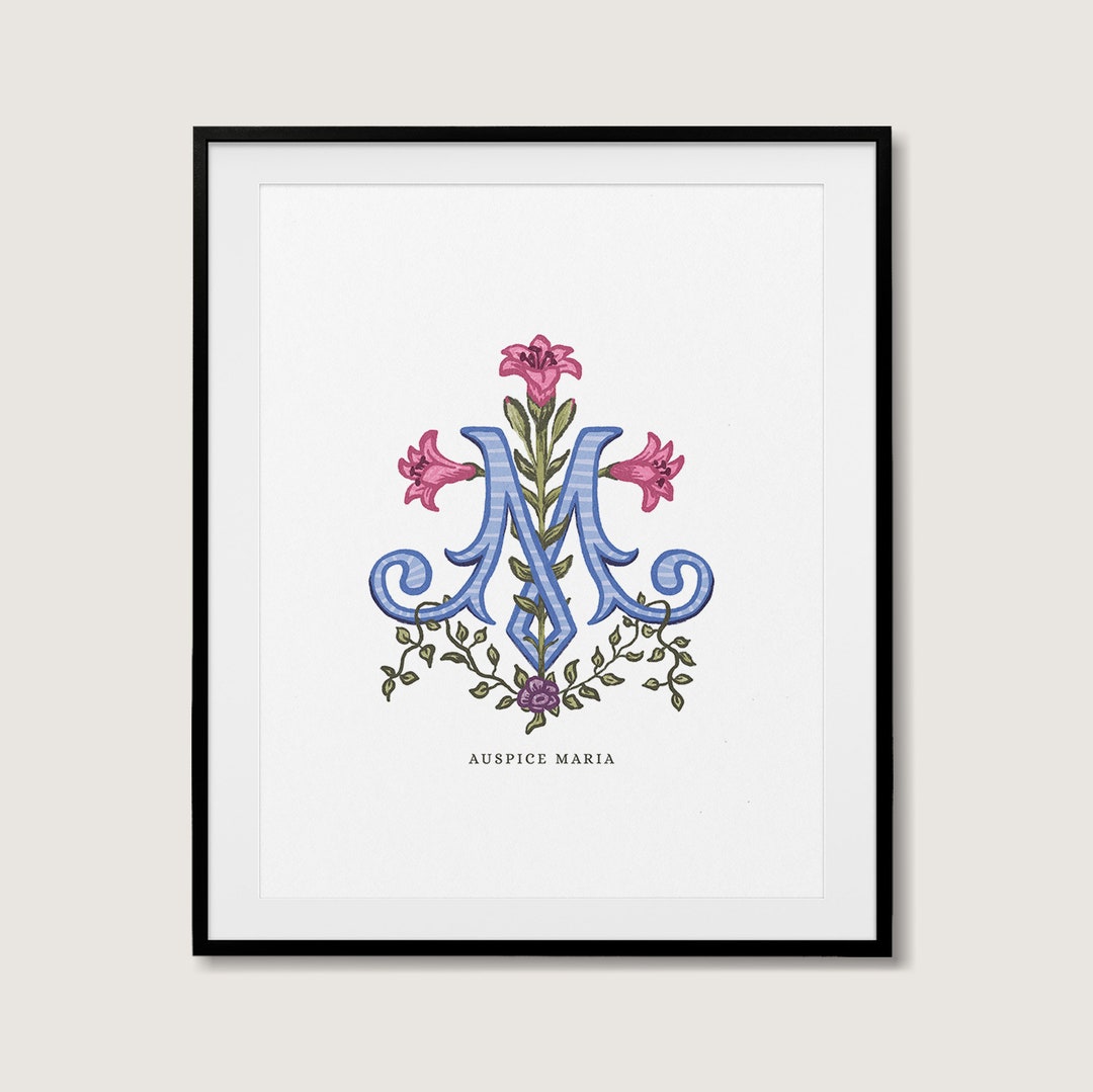 Colorful Auspice Maria Art Under the Protection of Mary Latin Monogram ...