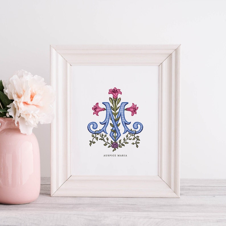 Colorful Auspice Maria Art Under the Protection of Mary Latin Monogram ...