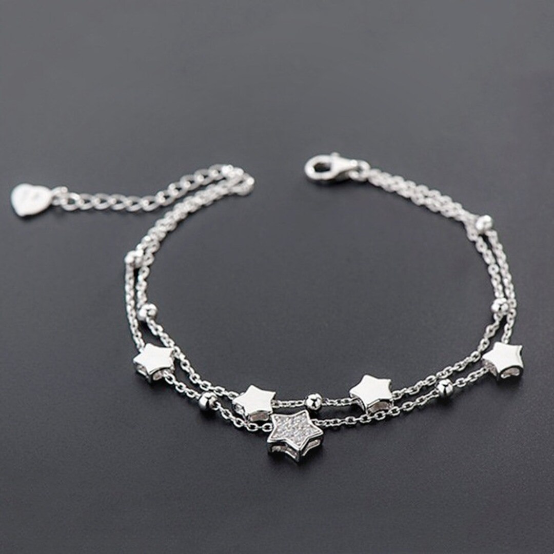 Double Chain Silver Star Bracelet Cute Sparkling Silver Bracelet Gift ...