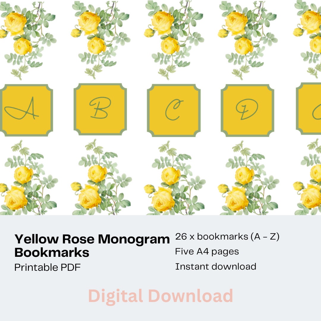 Printable Yellow Rose Monogram A - Z Bookmarks - Etsy