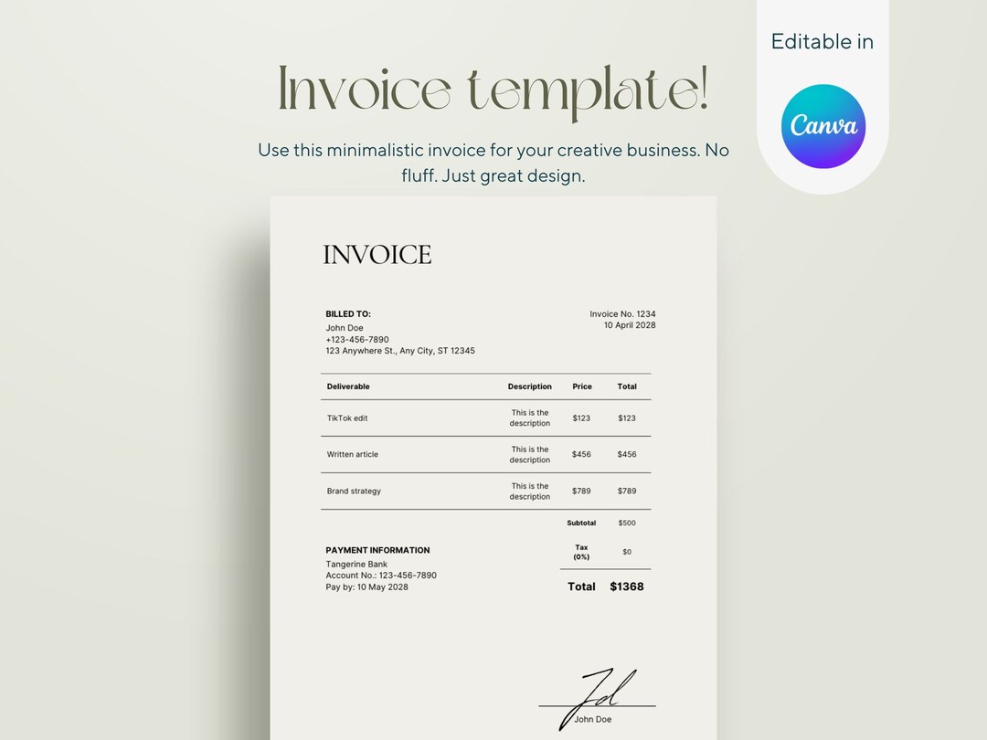 Minimalistic Invoice Template Canva Editable - Etsy Canada