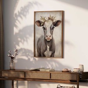 Vintage Cow Portrait, Animal With Flowers, Cow Wall Art, Rustic ...