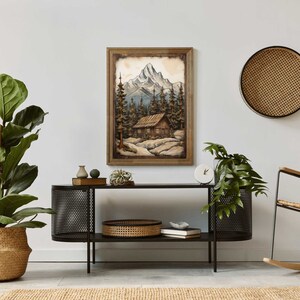 Rustic Mountain Cabin Print, Forest and Mountain Wall Art, Cottage Art ...