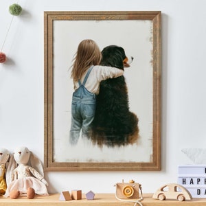 Girl & Bernese Mountain Dog Art Print, Bernese Mountain Dog Nursery Decor, Berner Sennen ...